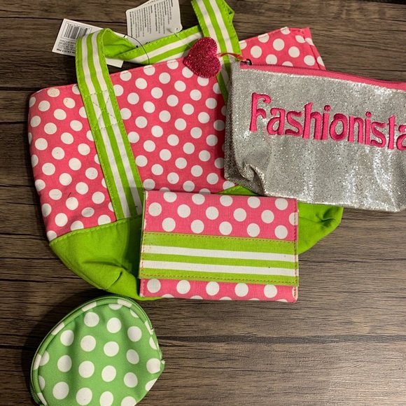 Bags | New Green And Pink Polka Dot Tote Bundle | Poshmark